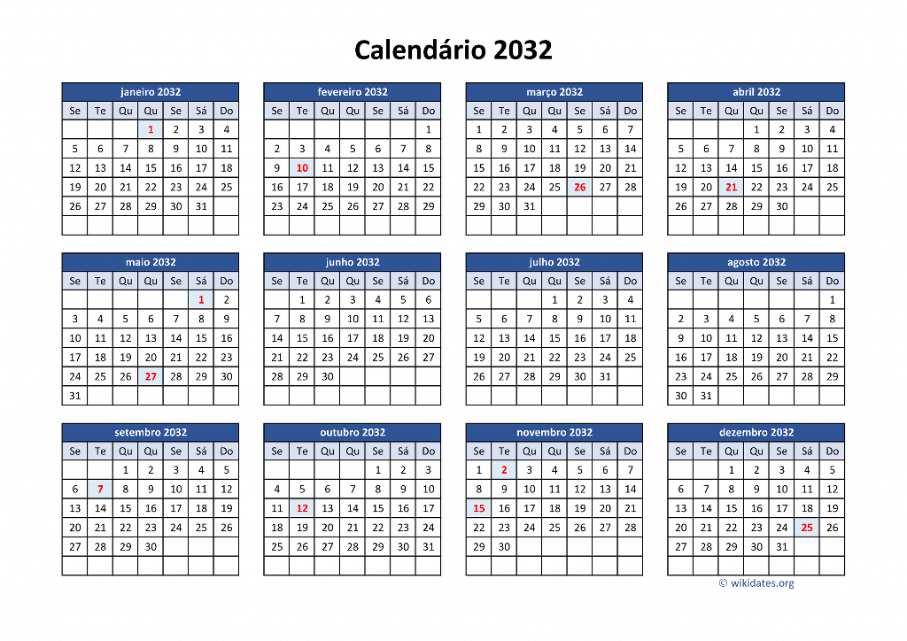 Calendário 2032 | WikiDates.org Calendário 2032 | WikiDates.org