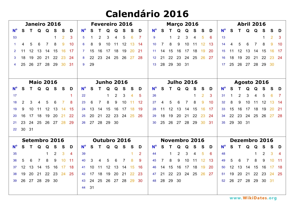 Calendário 2016 | WikiDates.org