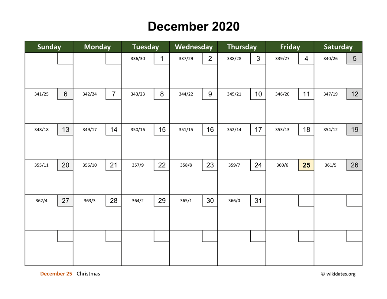 December 2020 Calendar with Day Numbers | WikiDates.org