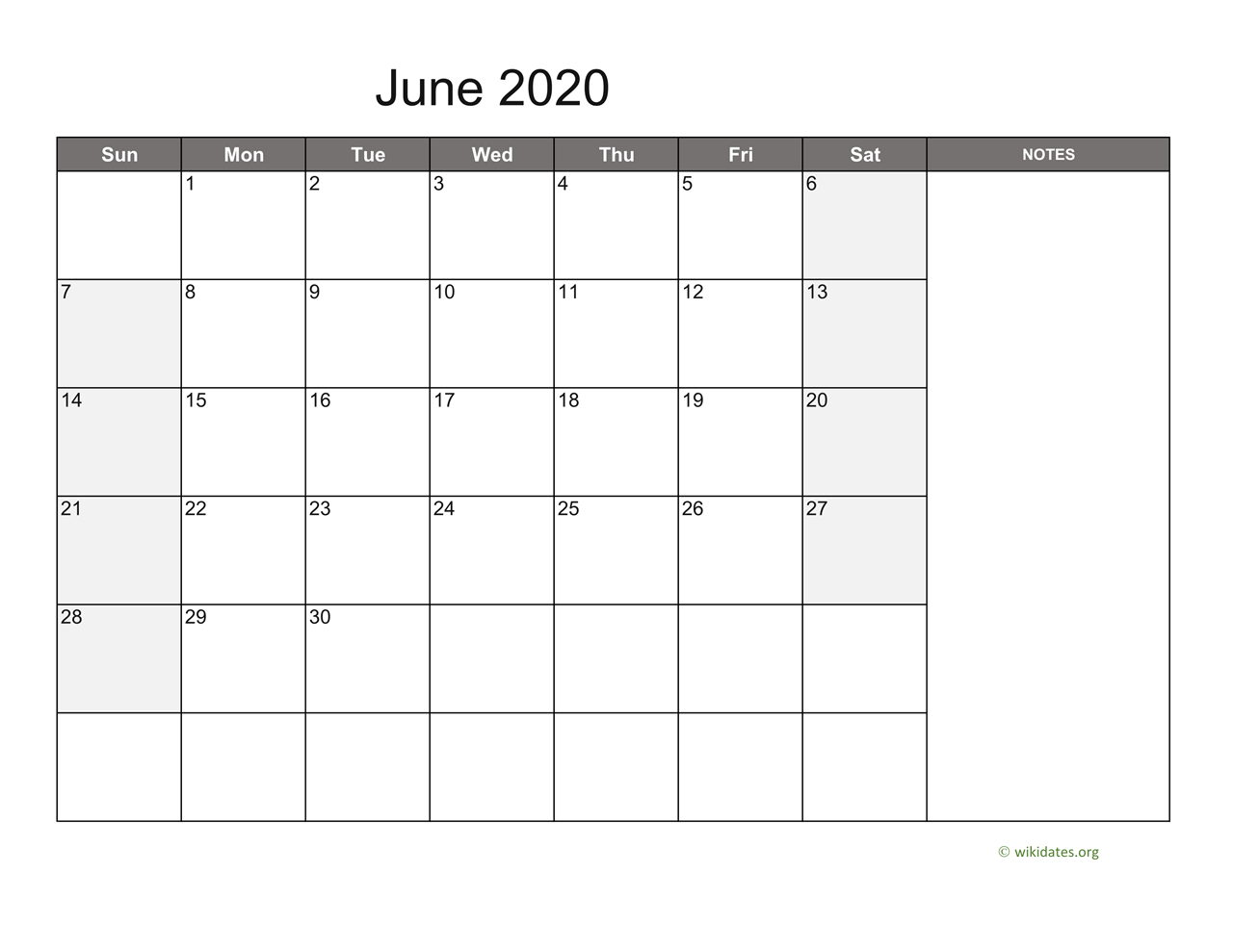 June 2020 Calendar with Notes | WikiDates.org