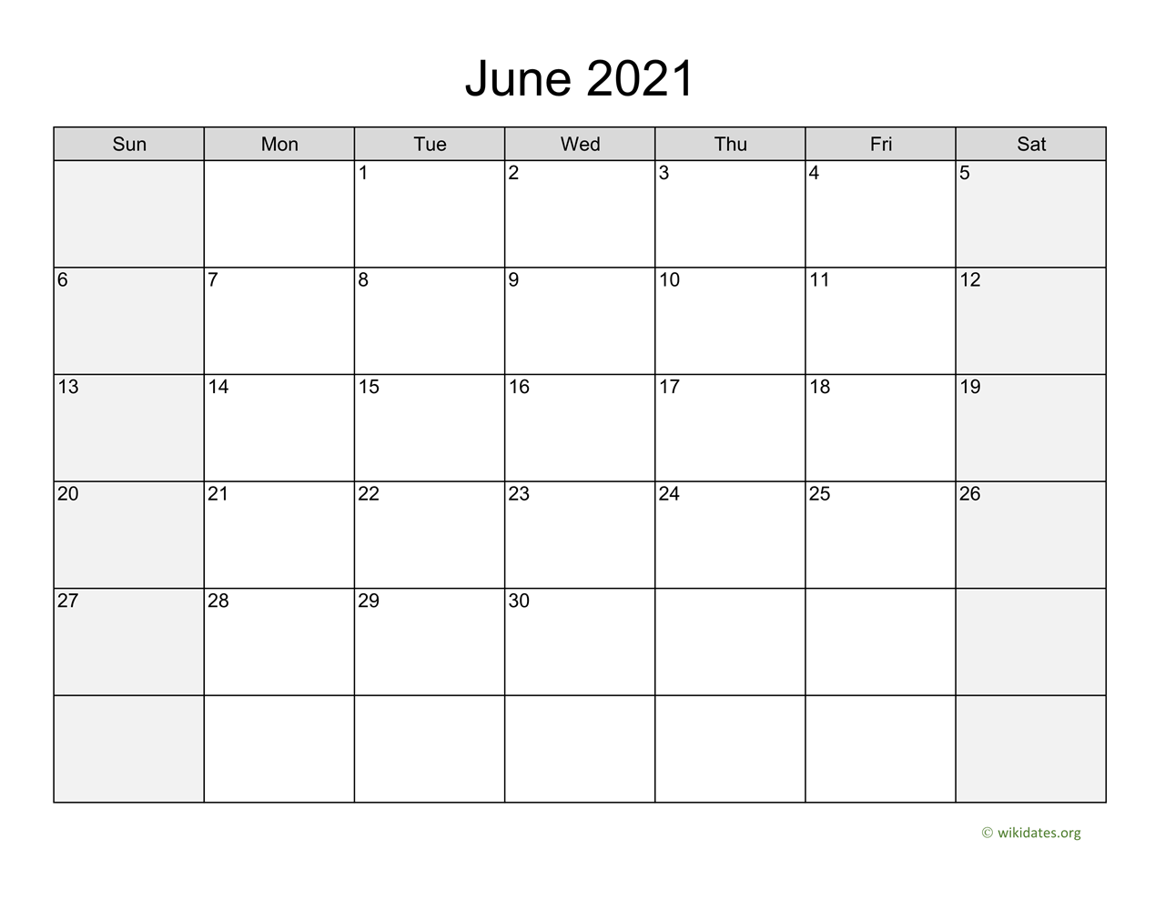 June 2021 Calendar with Weekend Shaded | WikiDates.org June 2021 Calendar with Weekend Shaded | WikiDates.org