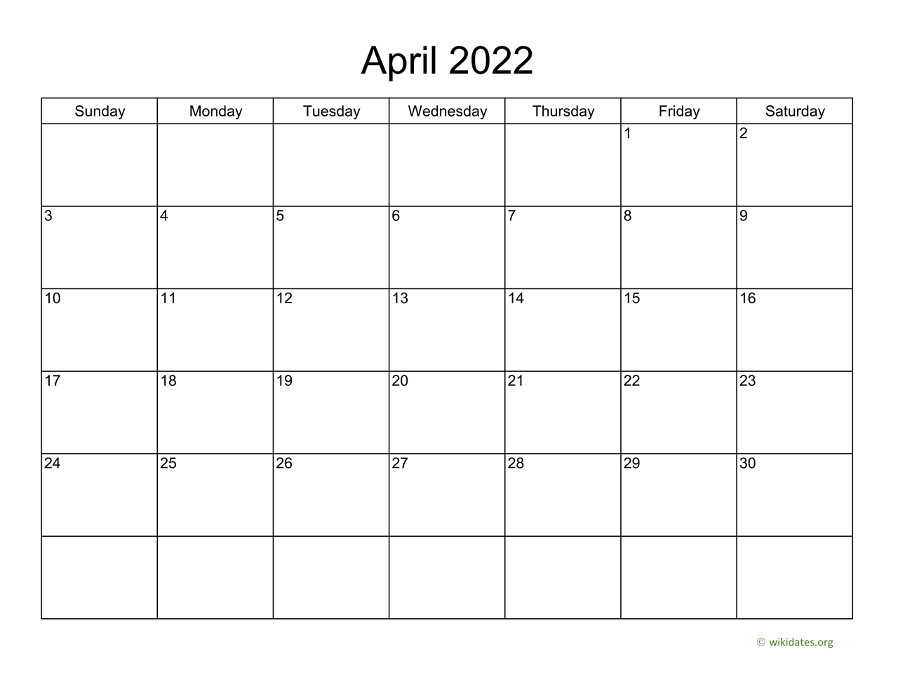 Basic Calendar for April 2022 | WikiDates.org Basic Calendar for April 2022 | WikiDates.org
