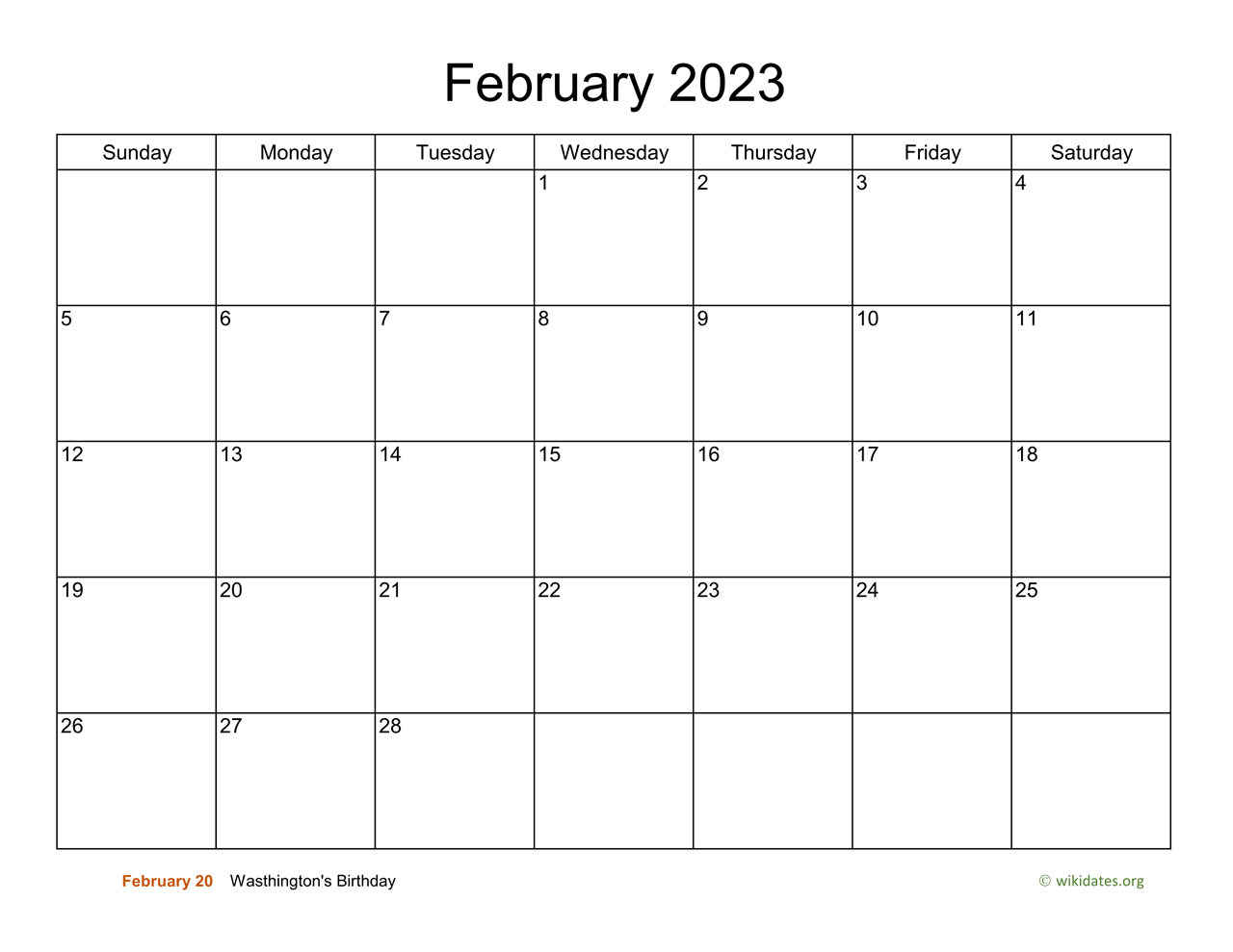 Basic Calendar for February 2023 | WikiDates.org Basic Calendar for February 2023 | WikiDates.org