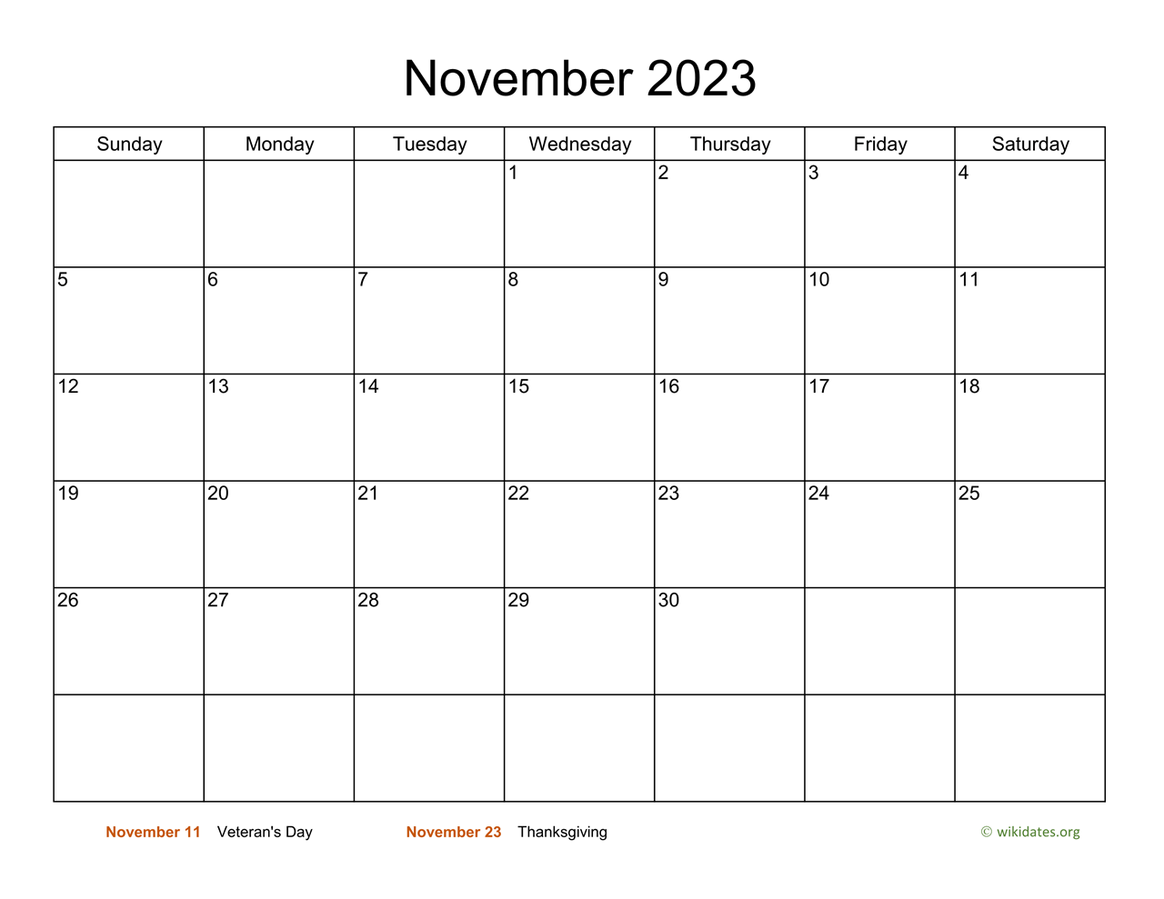 Basic Calendar For November 2023 WikiDates