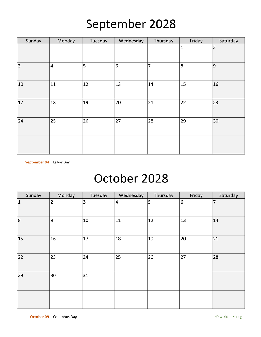 September and October 2028 Calendar | WikiDates.org