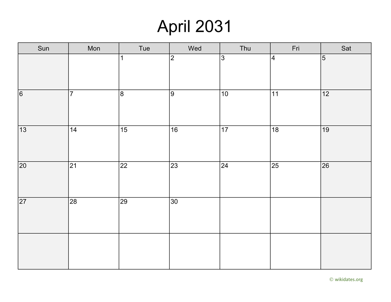 April 2031 Calendar with Weekend Shaded | WikiDates.org April 2031 Calendar with Weekend Shaded | WikiDates.org