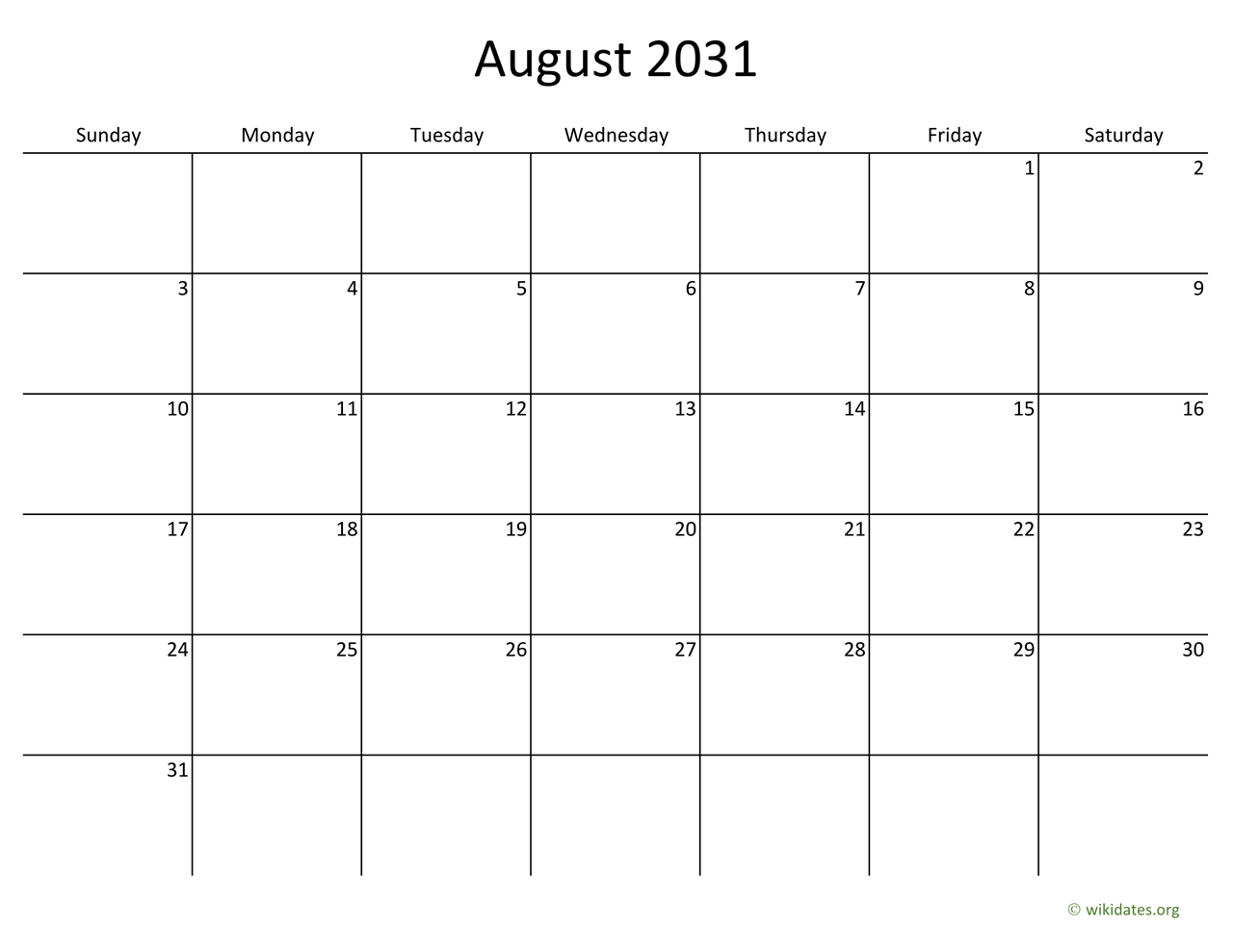 August 2031 Calendar with Bigger boxes | WikiDates.org August 2031 Calendar with Bigger boxes | WikiDates.org