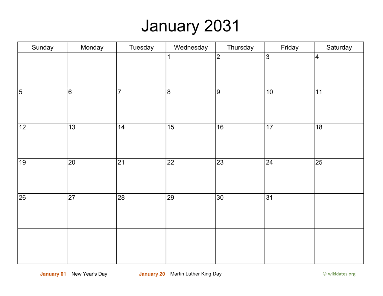 Basic Calendar for January 2031 | WikiDates.org Basic Calendar for January 2031 | WikiDates.org
