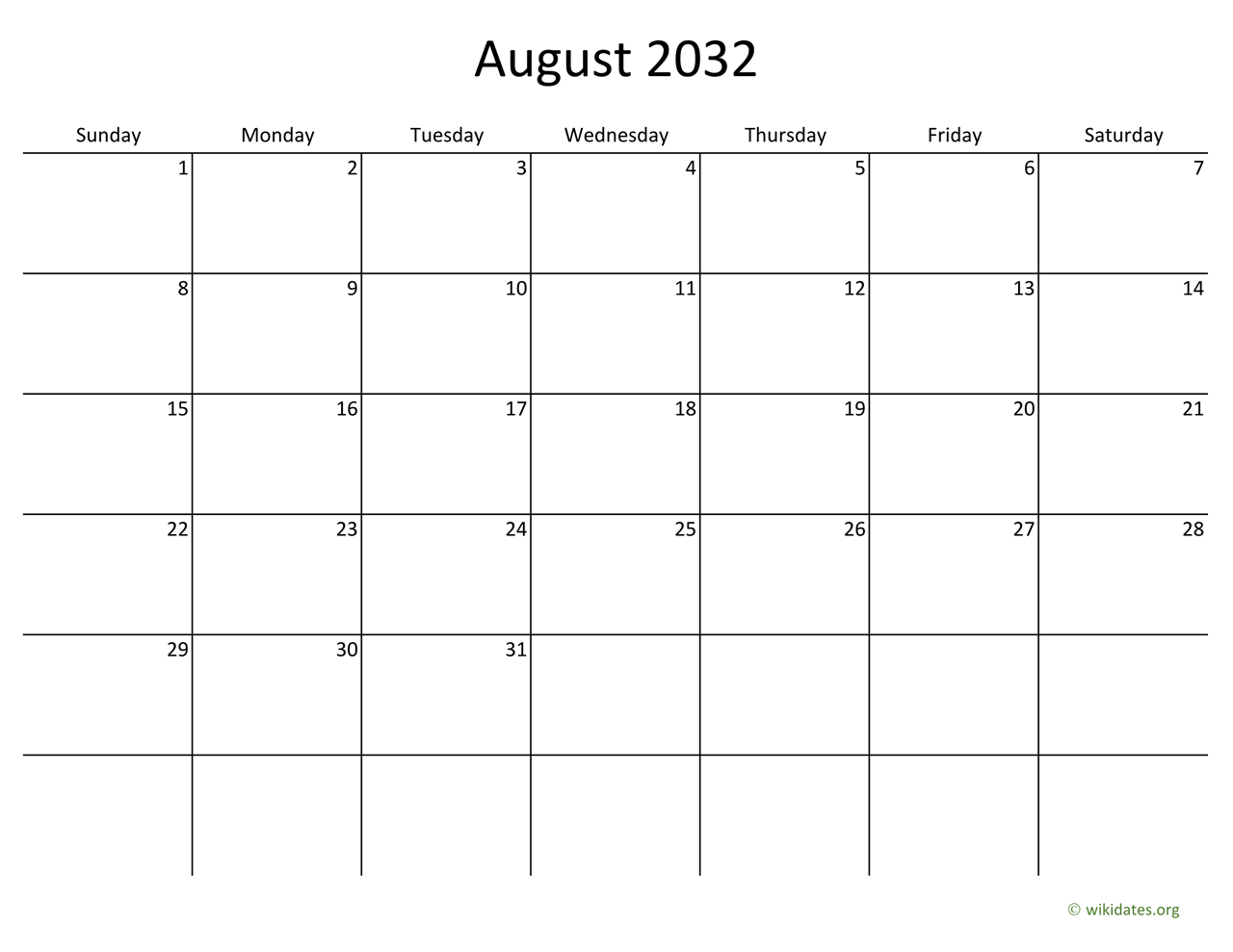 August 2032 Calendar with Bigger boxes | WikiDates.org August 2032 Calendar with Bigger boxes | WikiDates.org