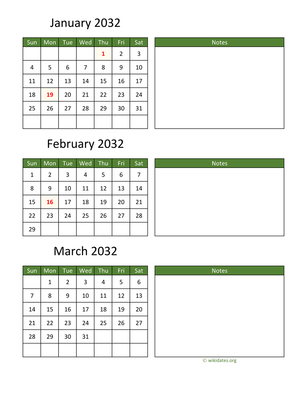 Printable 2032 Calendar | WikiDates.org Printable 2032 Calendar | WikiDates.org