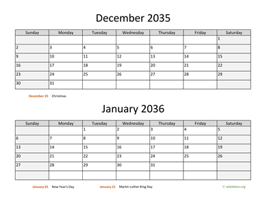 December 2035 and January 2036 Calendar | WikiDates.org