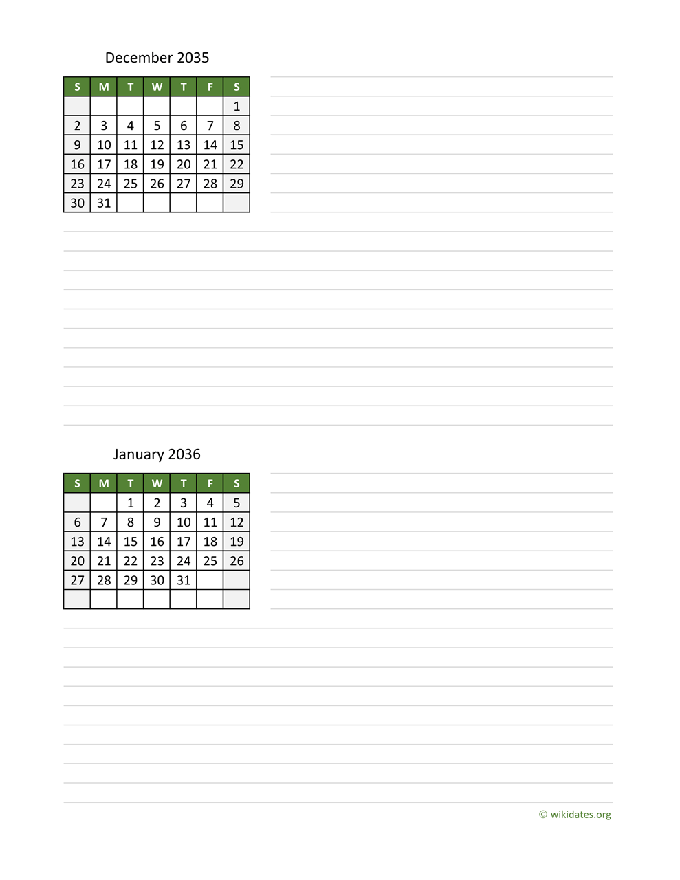 December 2035 and January 2036 Calendar | WikiDates.org