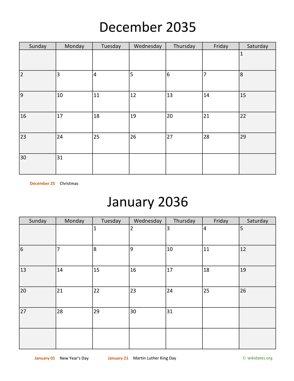 December 2035 and January 2036 Calendar | WikiDates.org