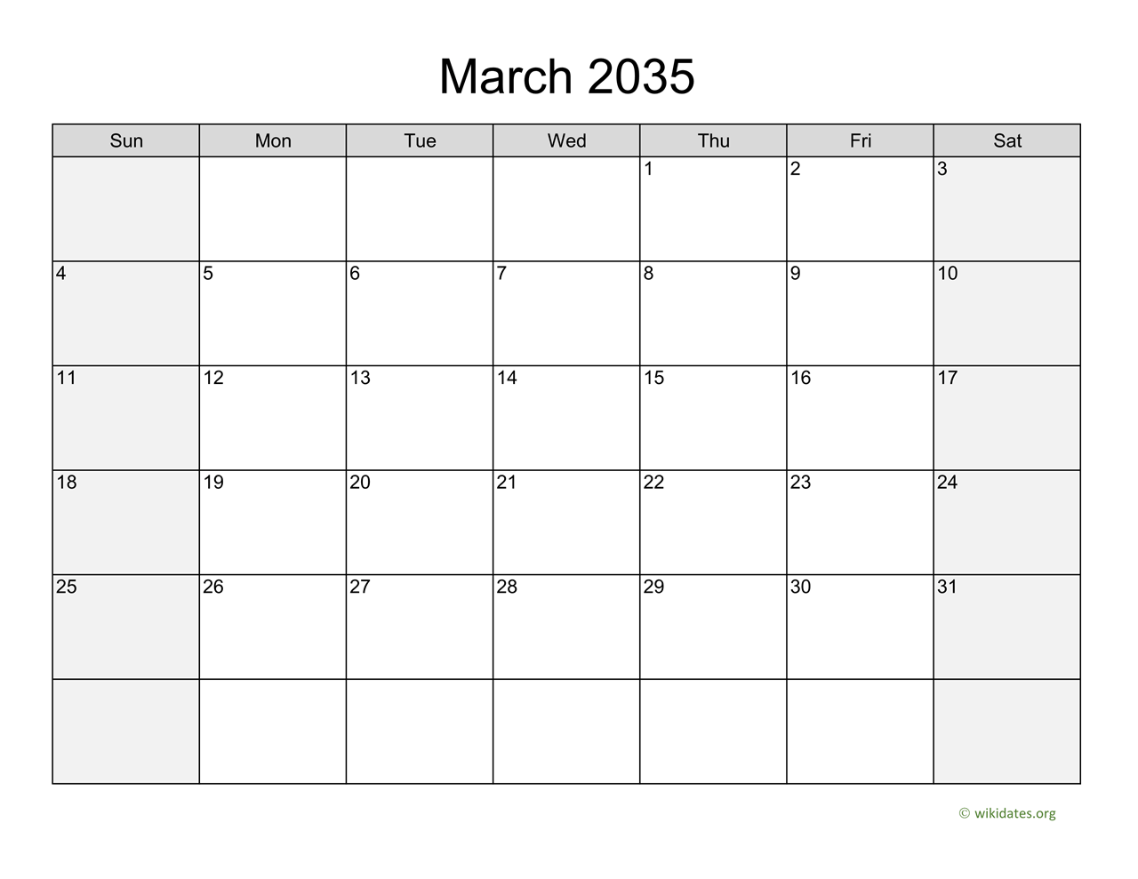 March 2035 Calendar with Weekend Shaded | WikiDates.org March 2035 Calendar with Weekend Shaded | WikiDates.org