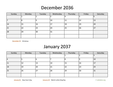 December 2036 and January 2037 Calendar | WikiDates.org