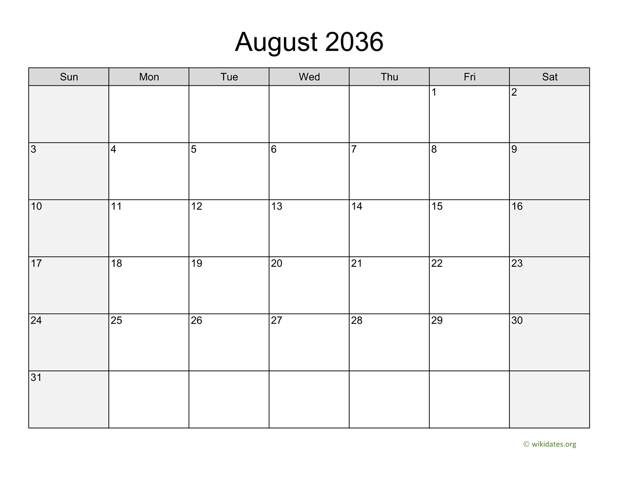 August 2036 Calendar with Weekend Shaded | WikiDates.org August 2036 Calendar with Weekend Shaded | WikiDates.org