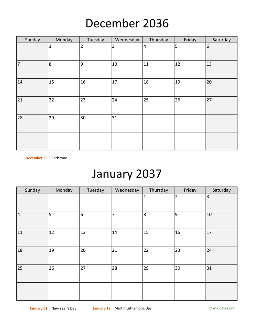 December 2036 and January 2037 Calendar | WikiDates.org