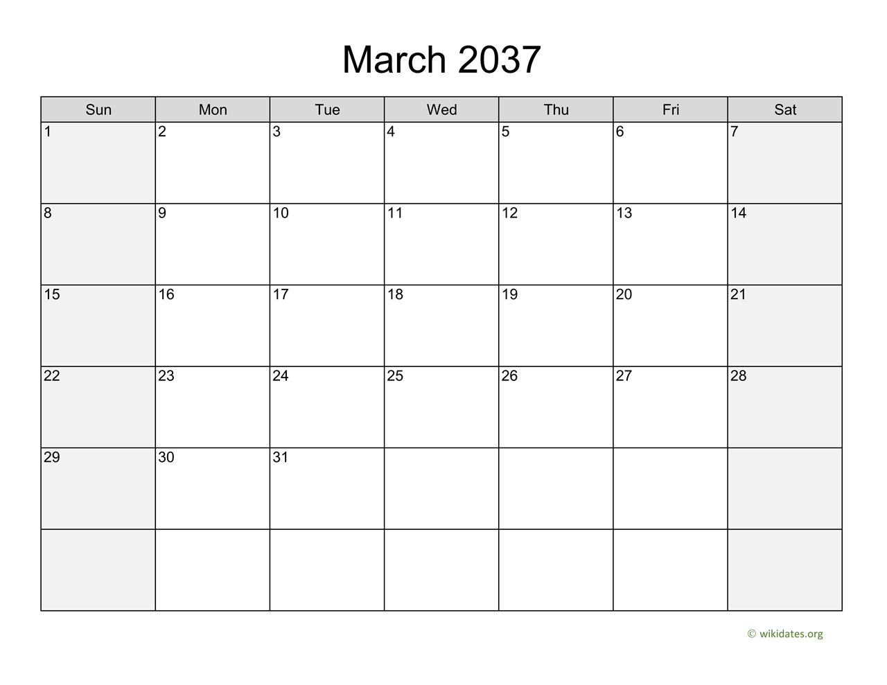 March 2037 Calendar with Weekend Shaded | WikiDates.org March 2037 Calendar with Weekend Shaded | WikiDates.org