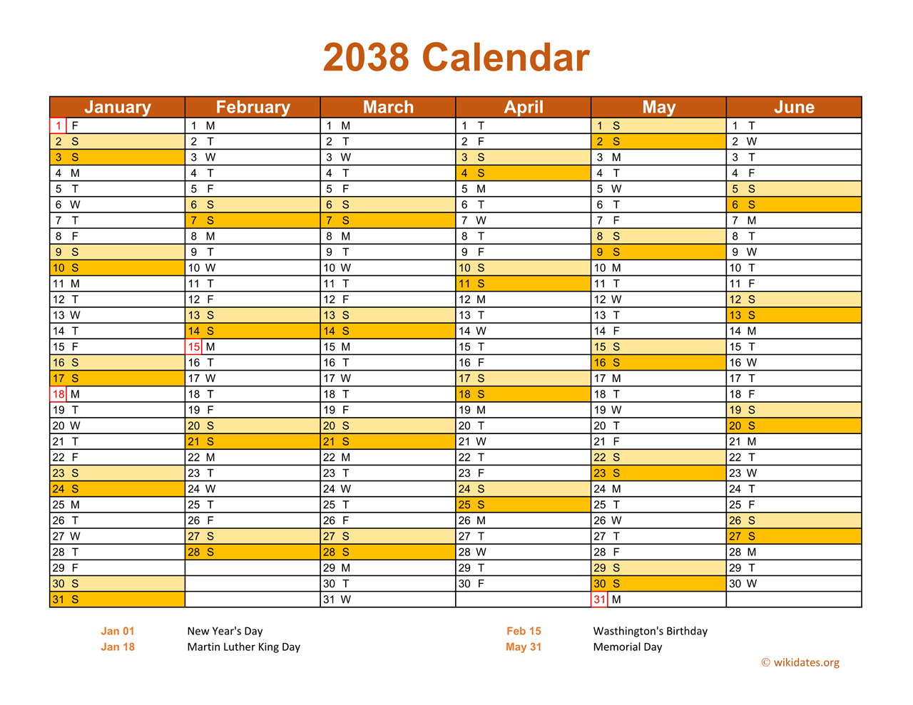 2038 Calendar on 2 Pages, Landscape Orientation | WikiDates.org 2038 Calendar on 2 Pages, Landscape Orientation | WikiDates.org