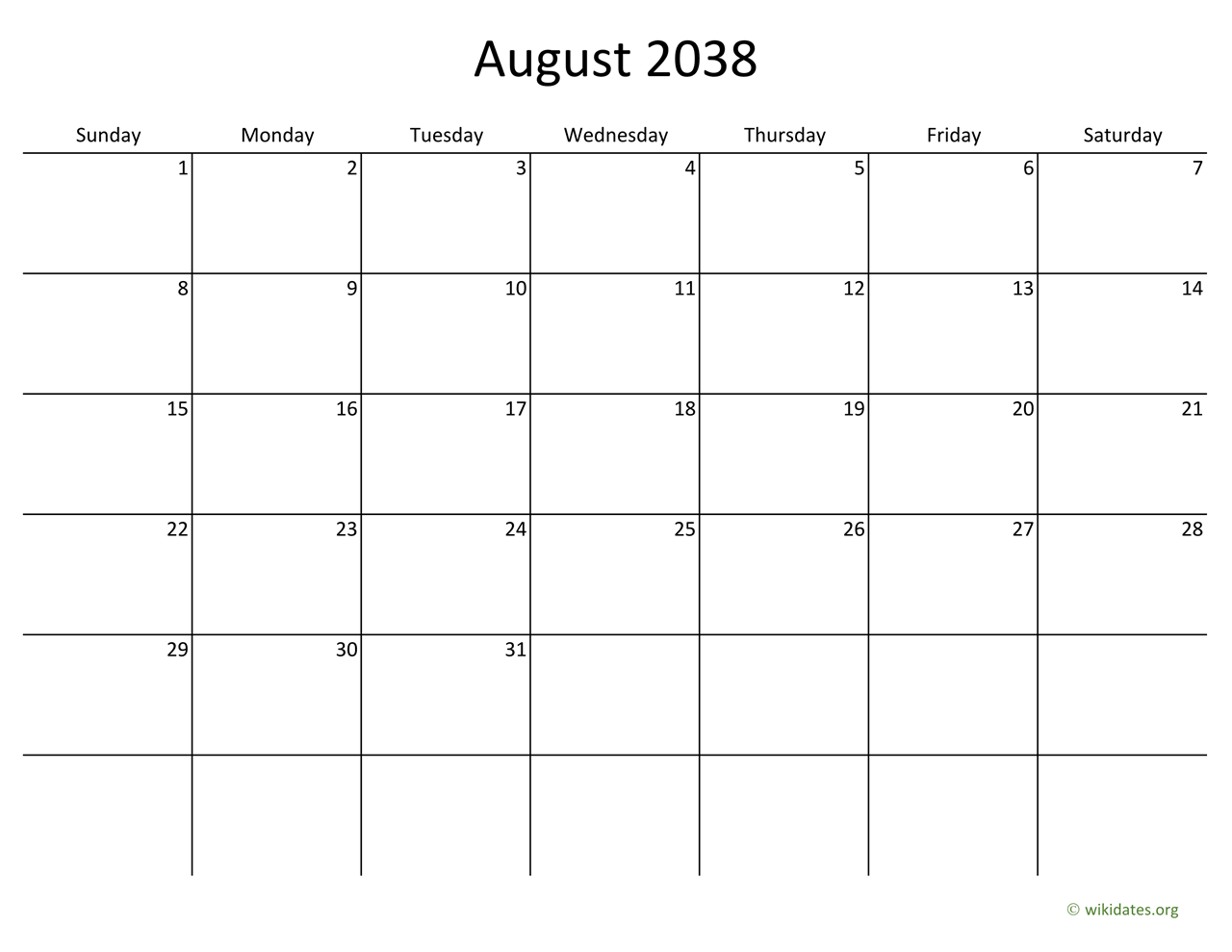 August 2038 Calendar with Bigger boxes | WikiDates.org August 2038 Calendar with Bigger boxes | WikiDates.org