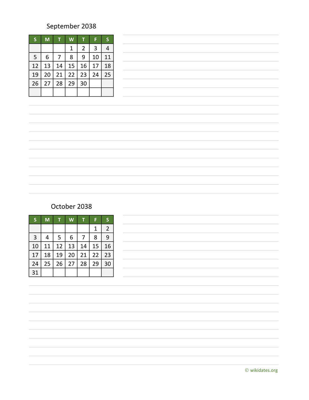 September and October 2038 Calendar | WikiDates.org