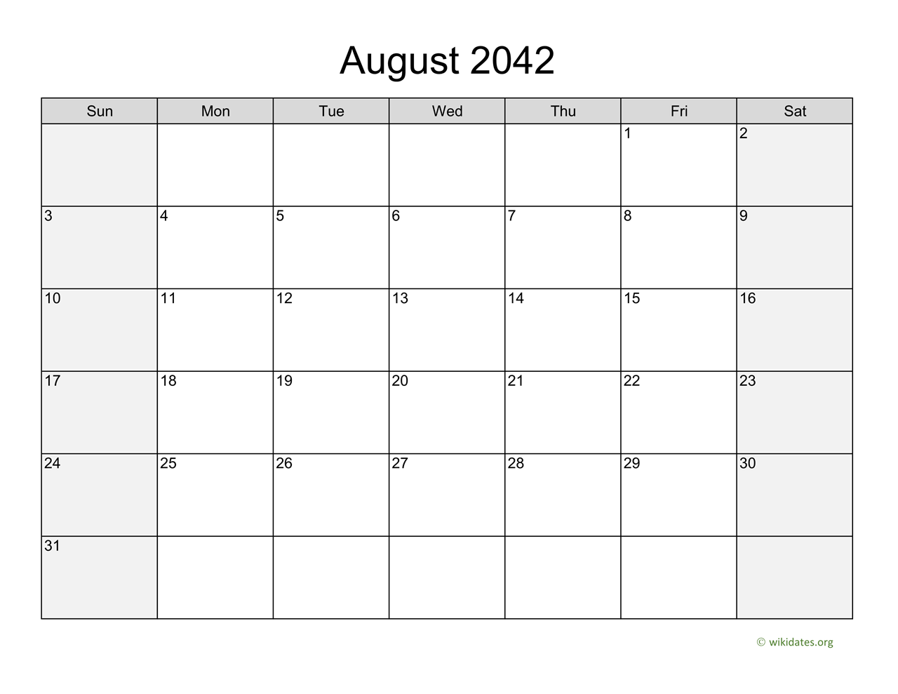 August 2042 Calendar with Weekend Shaded | WikiDates.org August 2042 Calendar with Weekend Shaded | WikiDates.org