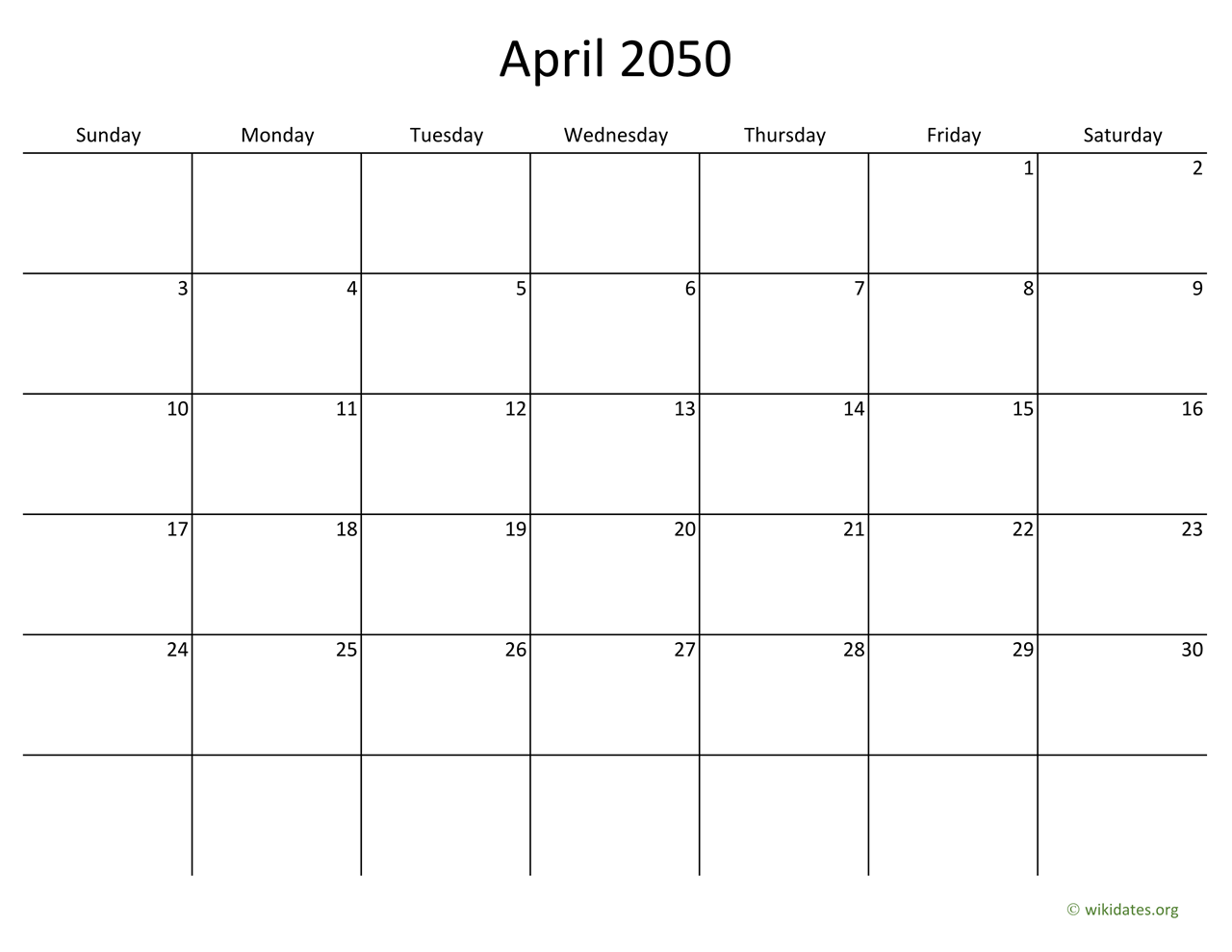 April 2050 Calendar with Bigger boxes | WikiDates.org April 2050 Calendar with Bigger boxes | WikiDates.org