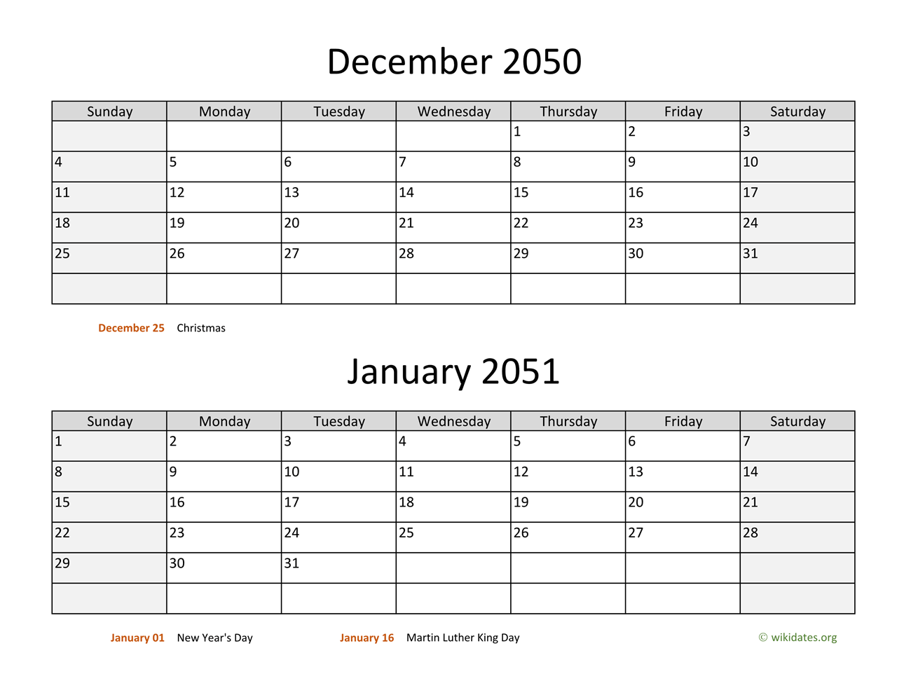 December 2050 and January 2051 Calendar | WikiDates.org