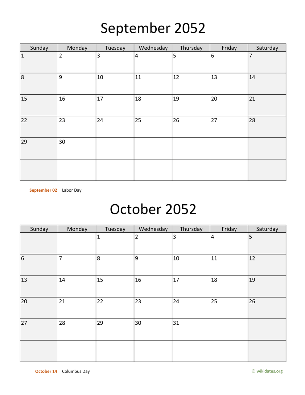 September and October 2052 Calendar | WikiDates.org September and October 2052 Calendar | WikiDates.org