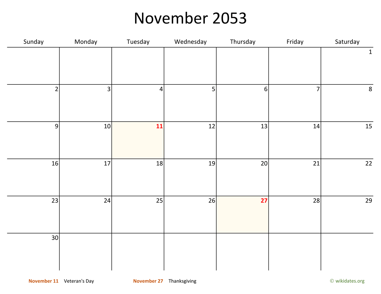 November 2053 Calendar with Bigger boxes | WikiDates.org November 2053 Calendar with Bigger boxes | WikiDates.org