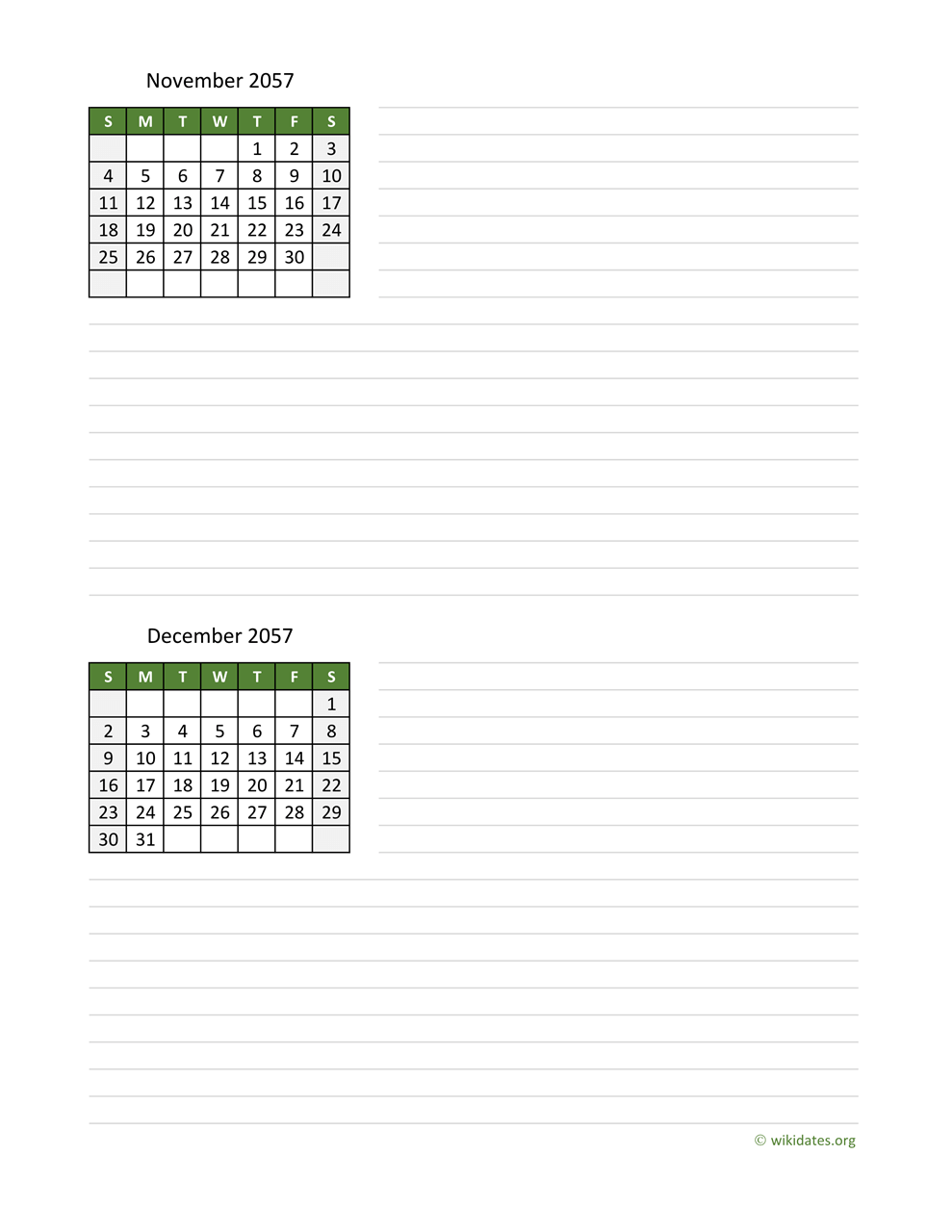 November and December 2057 Calendar | WikiDates.org
