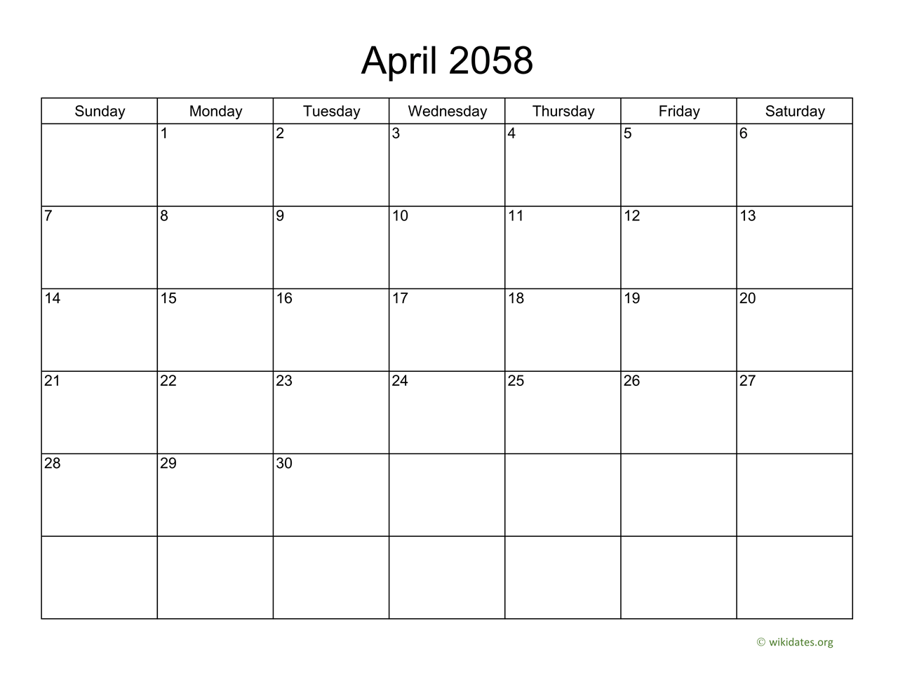 Basic Calendar for April 2058 | WikiDates.org Basic Calendar for April 2058 | WikiDates.org