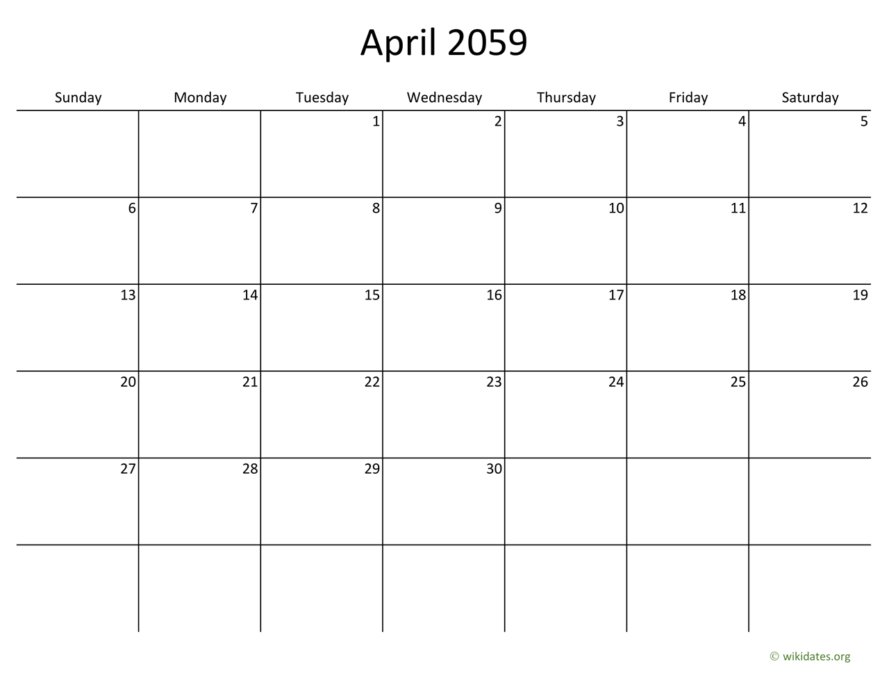 April 2059 Calendar with Bigger boxes | WikiDates.org April 2059 Calendar with Bigger boxes | WikiDates.org