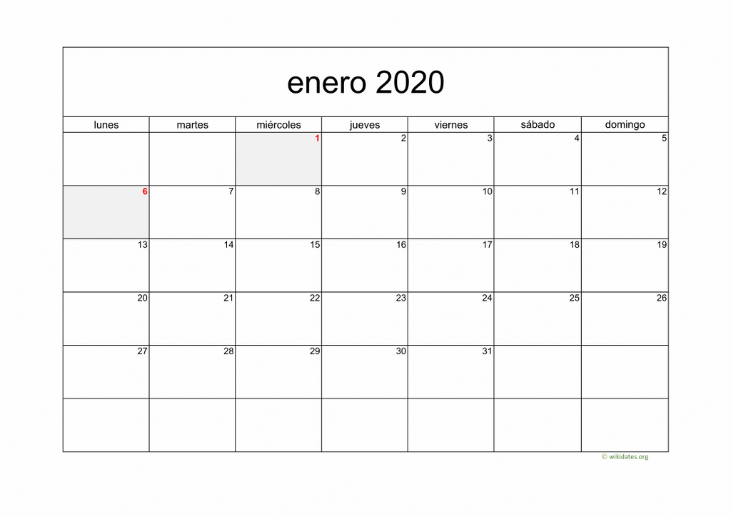 Calendario Enero 2020 | WikiDates.org