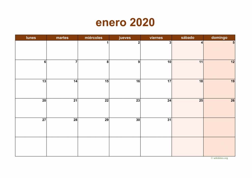 Calendario Enero 2020 | WikiDates.org