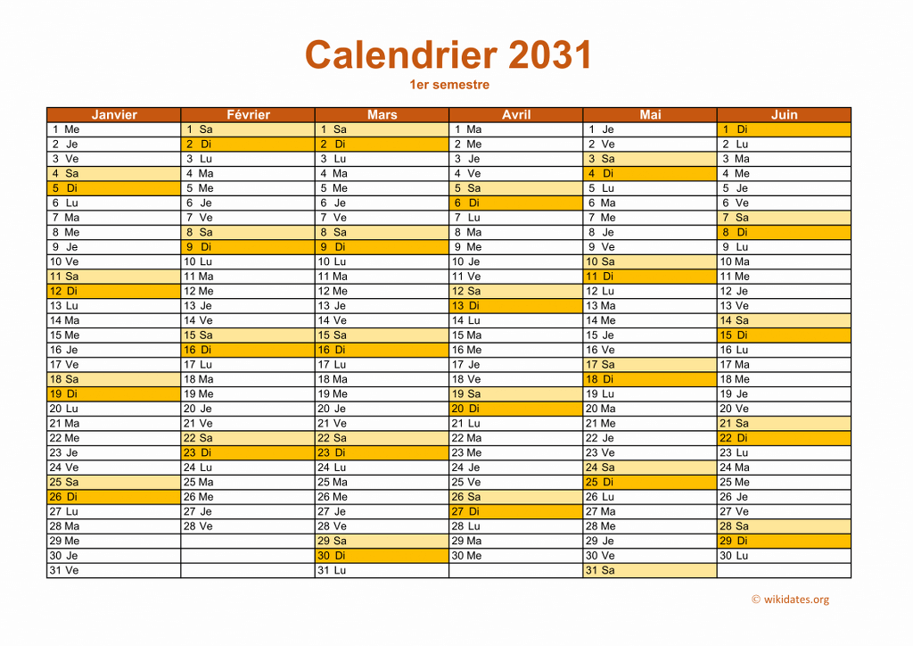 Calendrier 2031 à imprimer | WikiDates.org Calendrier 2031 à imprimer | WikiDates.org