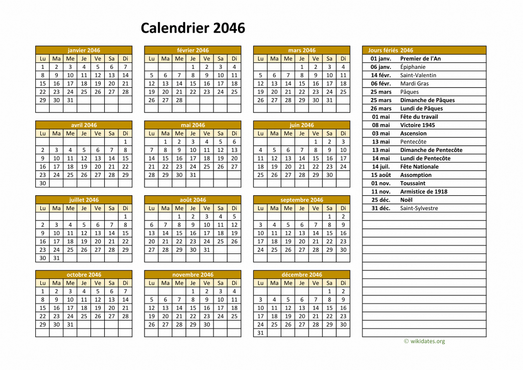 Calendrier 2046 à imprimer | WikiDates.org