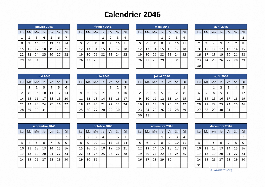Calendrier 2046 à imprimer | WikiDates.org
