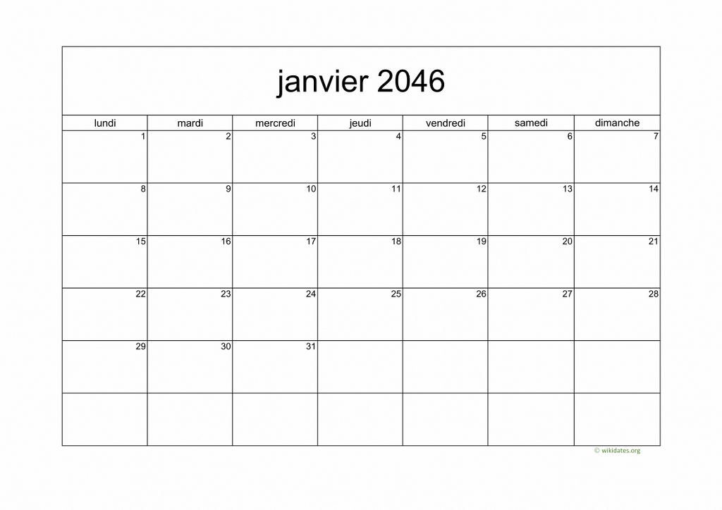 Calendrier 2046 à imprimer | WikiDates.org