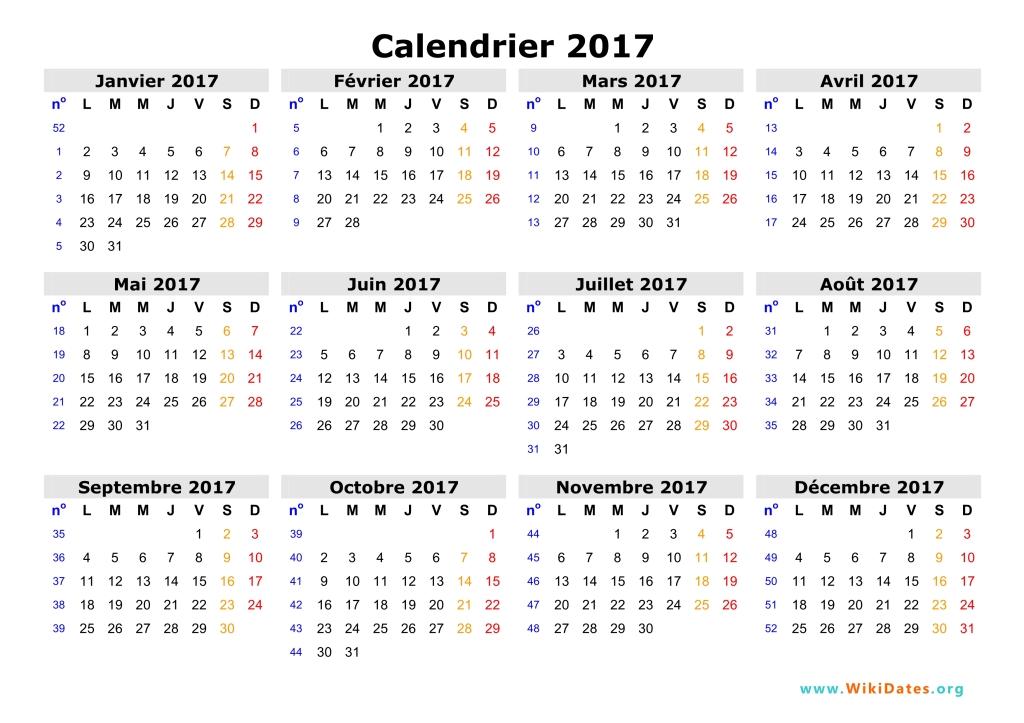 Calendrier 2017 à imprimer | WikiDates.org