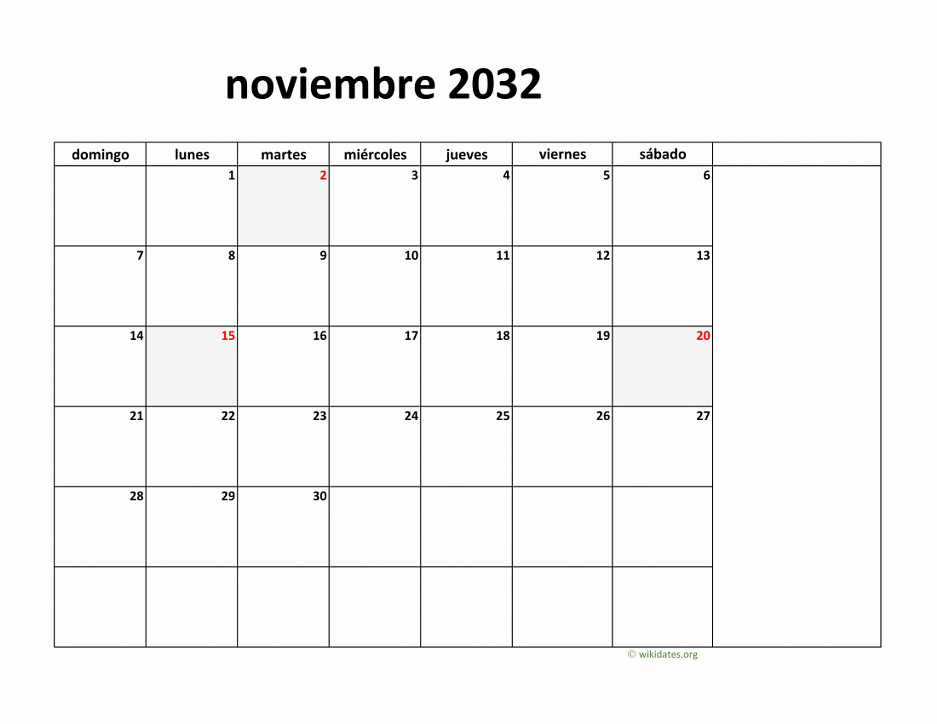 Calendario Noviembre 2032 de México | WikiDates.org