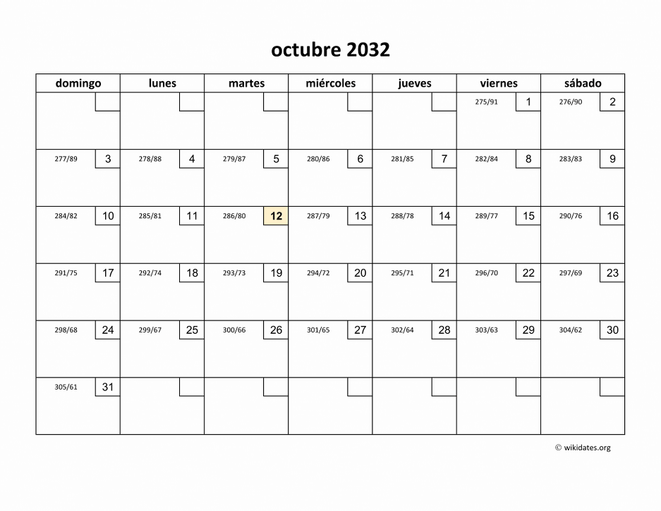 Calendario Octubre 2032 de México | WikiDates.org