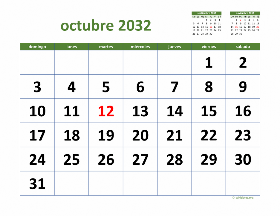 Calendario Octubre 2032 de México | WikiDates.org