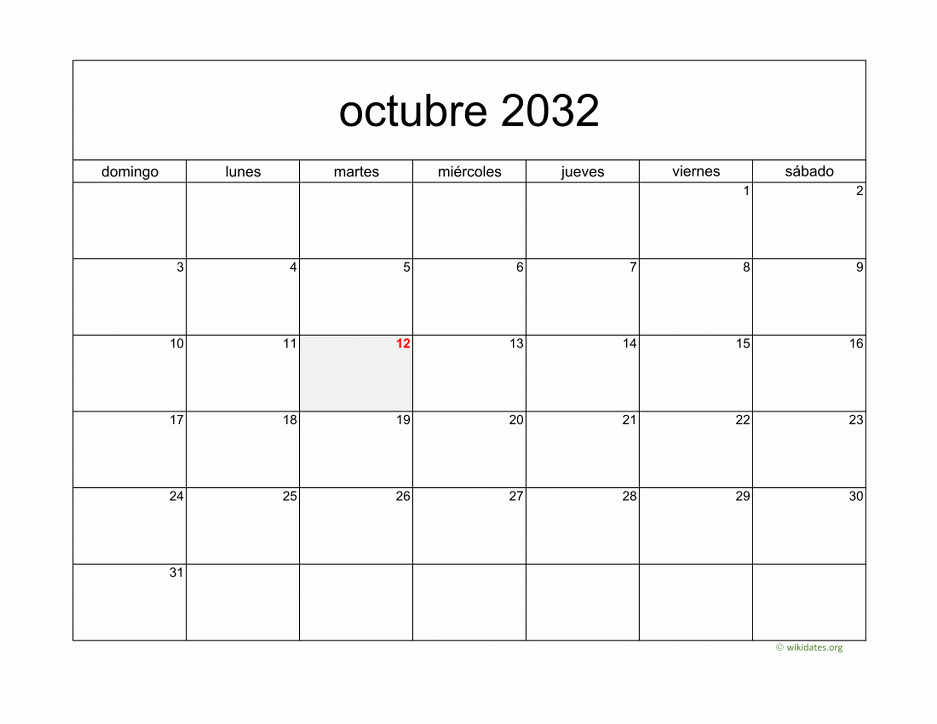 Calendario Octubre 2032 de México | WikiDates.org
