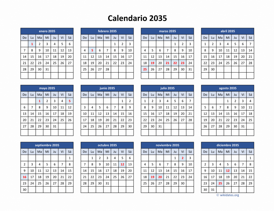 Calendario de México del 2035 con los días festivos | WikiDates.org