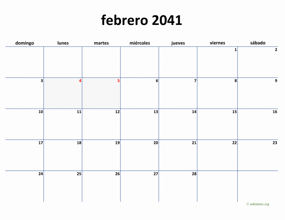 Calendario Febrero 2041 de México | WikiDates.org